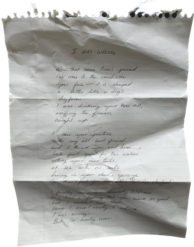 ORIGINAL 'I Was Wrong' handwritten lyrics - Under the Rug
